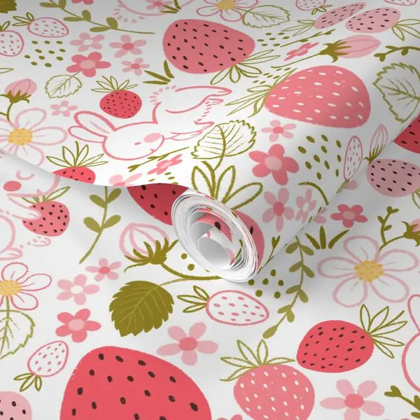 Spoonflower Pink Red Nature Berries Rabbit Bunny Spring Custom Pre-pasted Wallpaper - Pink,green,white