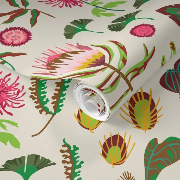 Spoonflower Flower Floral Light Leaf Botanical Custom Removable Wallpaper - Beige,green,brown