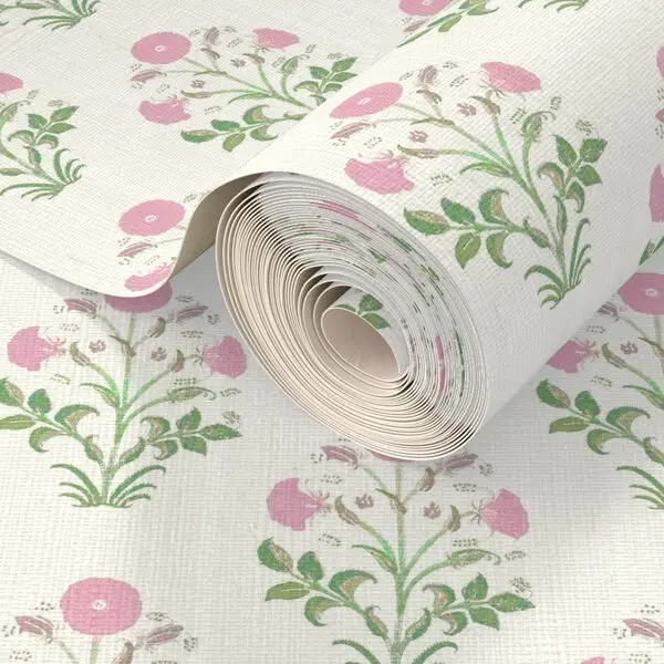 Spoonflower Light Pink And Indian Flower Block 100% Natural Sisal Grasscloth Wallcovering - Green