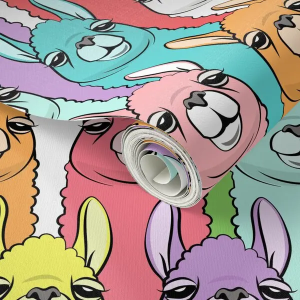 Spoonflower Llamas Llama Zoo Farm Head Face Custom Pre-pasted Wallpaper - Rainbow