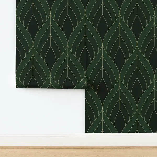 Spoonflower Art Deco Deco Tulips 30s French Geometric Pattern Custom Pre-pasted Wallpaper - Green