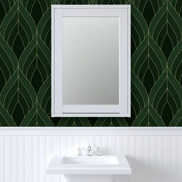 Spoonflower Art Deco Deco Tulips 30s French Geometric Pattern Custom Pre-pasted Wallpaper - Green