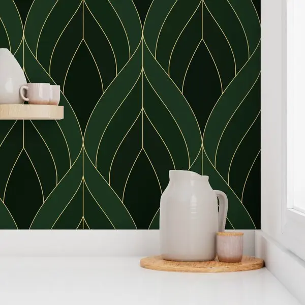 Spoonflower Art Deco Deco Tulips 30s French Geometric Pattern Custom Pre-pasted Wallpaper - Green