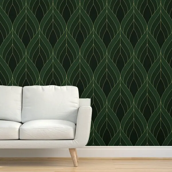 Spoonflower Art Deco Deco Tulips 30s French Geometric Pattern Custom Pre-pasted Wallpaper - Green