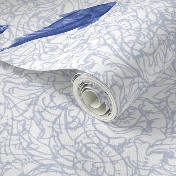 Spoonflower River Koi Fish Willow Blue White Water Aquatic Custom Removable Wallpaper - Blue,white,gray