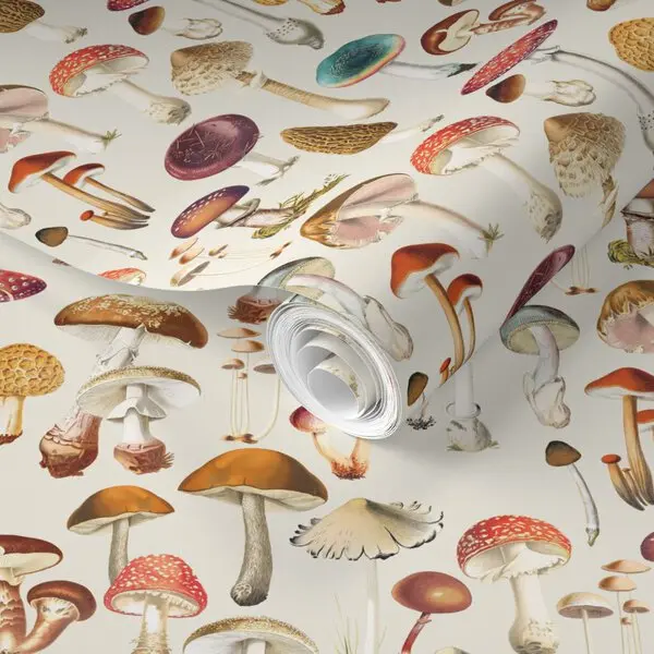 Spoonflower Woodland Mushroom Toadstool Botanical Fungi Custom Removable Wallpaper - Gray,brown,teal