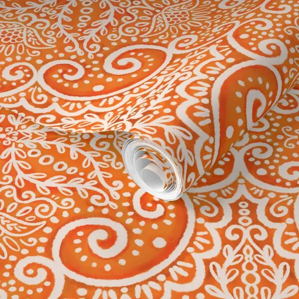 Spoonflower Swirls Orange Winter Christmas Baking Folk Art Custom Removable Wallpaper - Orange,beige