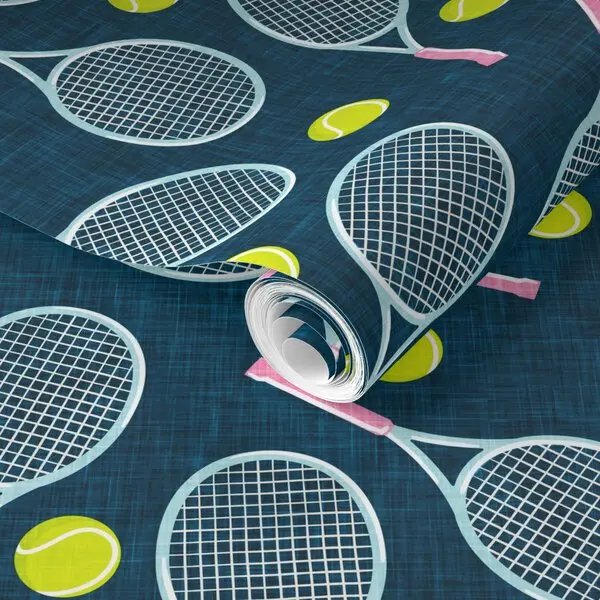 Spoonflower Tennis Racquet And Ball Custom Pre-pasted Wallpaper - Blue,sage,green