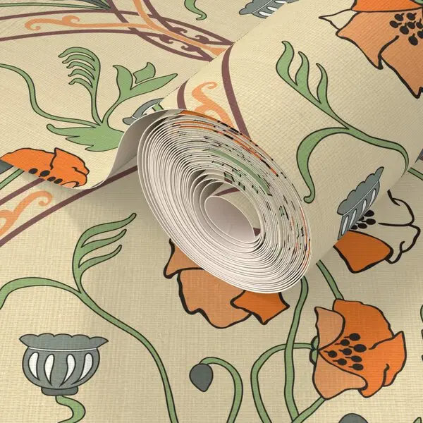 Spoonflower Art Nouveau Poppies Yellow And Green 100% Natural Sisal Grasscloth Wallcovering - Green,yellow,red