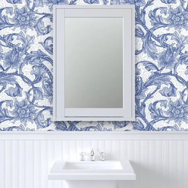 Spoonflower Stem Willow White Floral Damask Antique Custom Pre-pasted Wallpaper