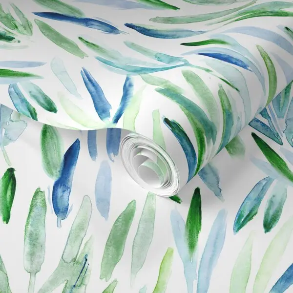 Spoonflower Green Blue Leaves Nature Leaf Jungle Custom Pre-pasted Wallpaper - Mint,blue,green