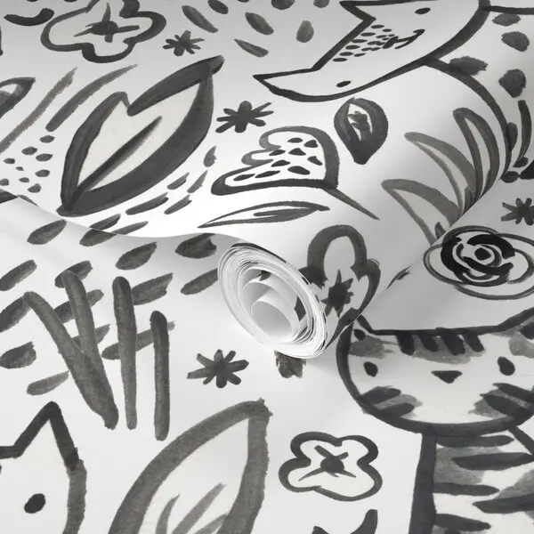 Spoonflower Painterly Cats Scale Black White Cat Kittens Custom Pre-pasted Wallpaper - Gray,black,white