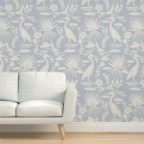 Spoonflower Low Country Egret Light 100% Natural Sisal Grasscloth Wallcovering - Blue