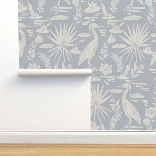 Spoonflower Low Country Egret Light 100% Natural Sisal Grasscloth Wallcovering - Blue
