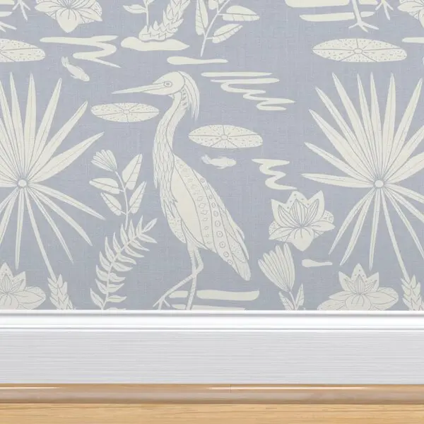 Spoonflower Low Country Egret Light 100% Natural Sisal Grasscloth Wallcovering - Blue