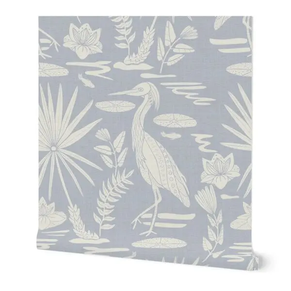 Spoonflower Low Country Egret Light 100% Natural Sisal Grasscloth Wallcovering - Blue