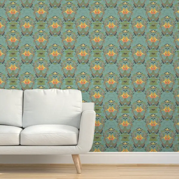 Spoonflower Victorian Frog Art Nouveau Kitchen Botanical Wild Custom Removable Wallpaper - Green,orange,gray