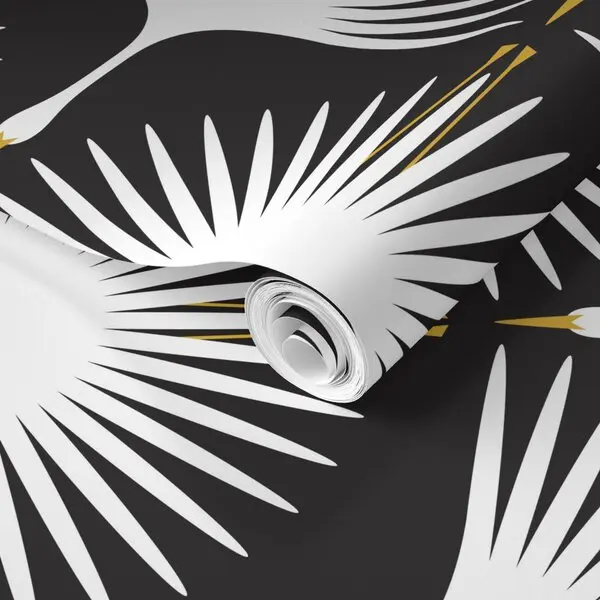 Spoonflower Black And White Art Deco Traditional Swans Bird Custom Pre-pasted Wallpaper - Black,white,gray