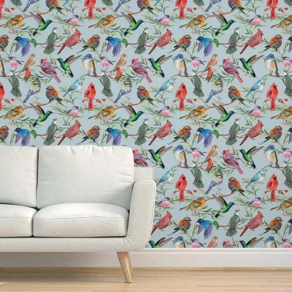 Spoonflower Birds 100% Natural Sisal Grasscloth Wallcovering