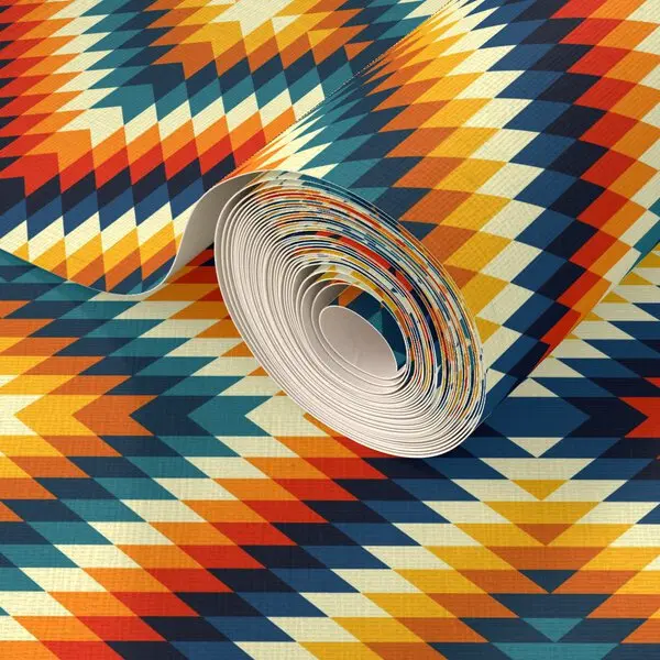 Spoonflower Colorful Diamonds Blue Yellow Red Tribal 100% Natural Sisal Grasscloth Wallcovering - Orange