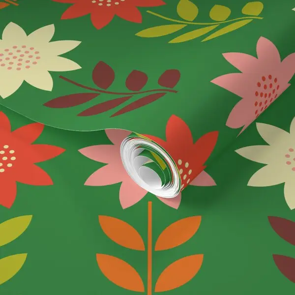 Spoonflower Vintage Christmas Retro Flower Floral Folk Art Custom Pre-pasted Wallpaper - Green,orange,red