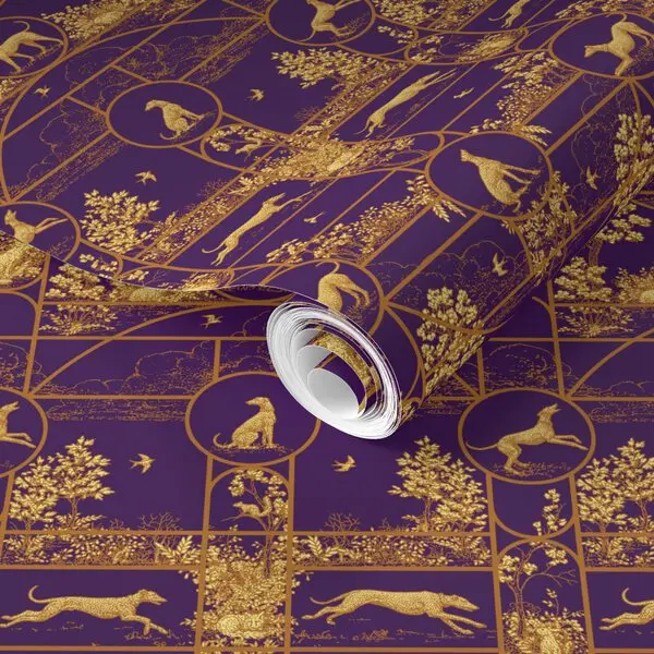 Spoonflower Greyhounds Glass Window Greyhound Toile Purple Traditional Wallpaper - Purple,brown