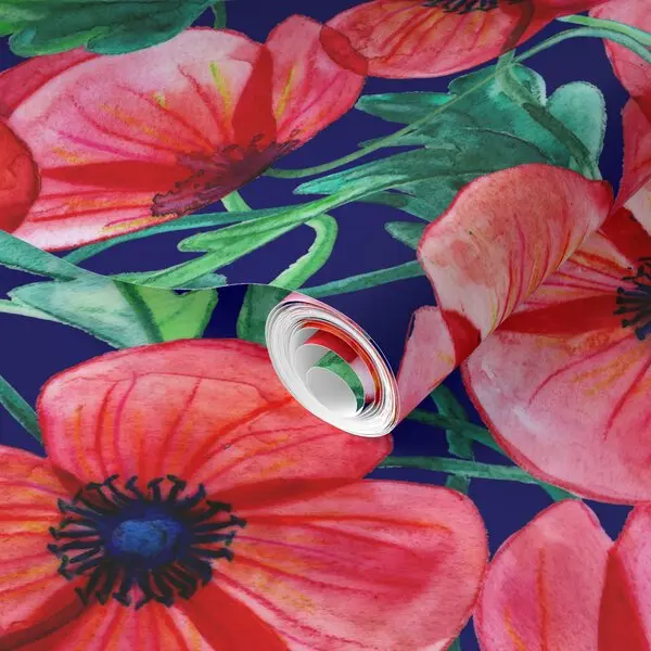 Spoonflower Poppies Watercolor Navy Poppy Botanical Painted Traditional Wallpaper - Red,green,blue