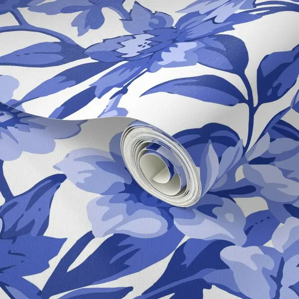 Spoonflower Blue Floral Cobalt Classic Custom Pre-pasted Wallpaper - White,blue