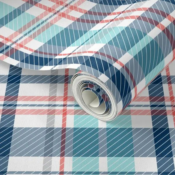 Spoonflower Deck Plaid Nautical Blue Red Aqua Coastal Stripes Custom Pre-pasted Wallpaper - Blue,white,gray