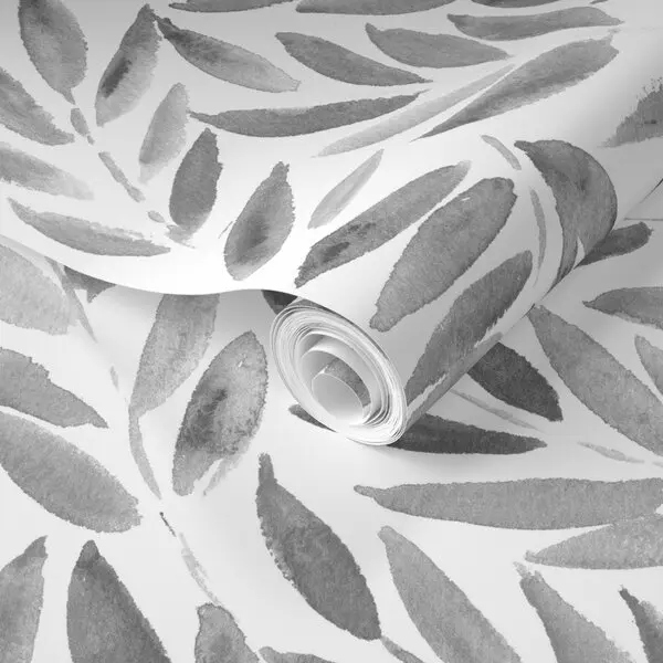 Spoonflower Black And White Leaves Nature Grey Forest Leaf Custom Pre-pasted Wallpaper - Gray,black