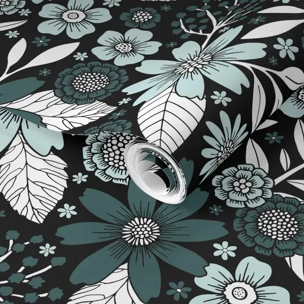 Spoonflower Pine Mint Floral Pattern Flower Flowers Leaves Custom Removable Wallpaper - Green,blue,gray