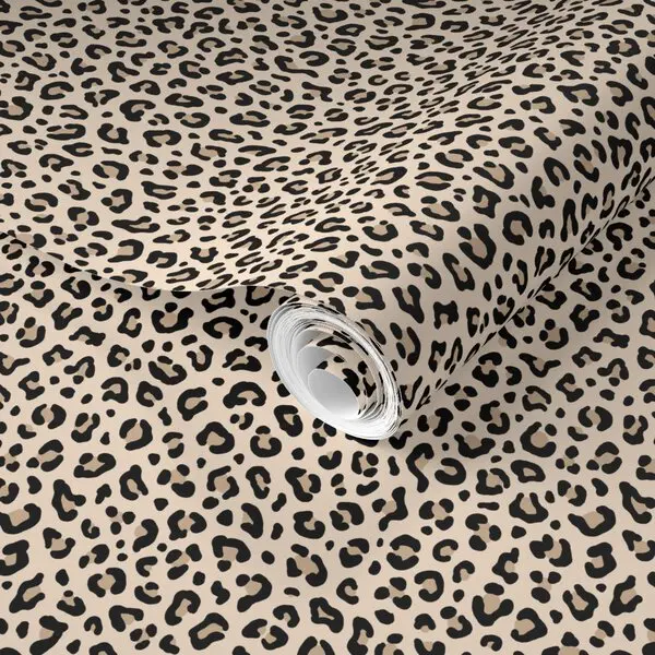 Spoonflower Black Brown Leopard Animal Print Tiny Spots Custom Pre-pasted Wallpaper - Black,beige,brown