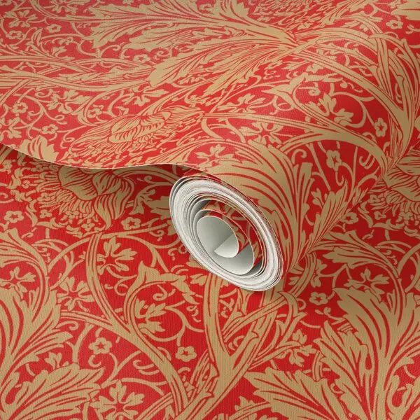 Spoonflower Vintage Red Floral Gold Medieval Antique Bohemian Custom Removable Wallpaper - Orange,red