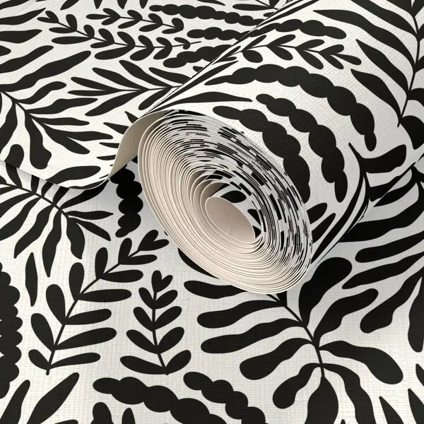 Spoonflower Black And White Tropical Leaves Small Scale 100% Natural Sisal Grasscloth Wallcovering - Black,white