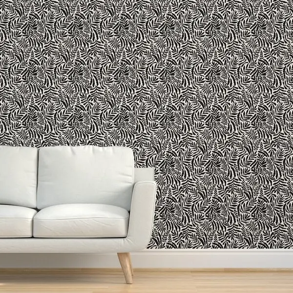 Spoonflower Black And White Tropical Leaves Small Scale 100% Natural Sisal Grasscloth Wallcovering - Black,white