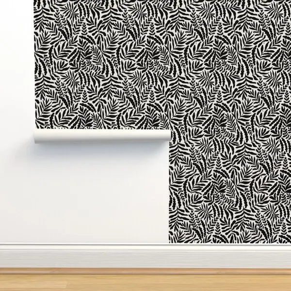 Spoonflower Black And White Tropical Leaves Small Scale 100% Natural Sisal Grasscloth Wallcovering - Black,white