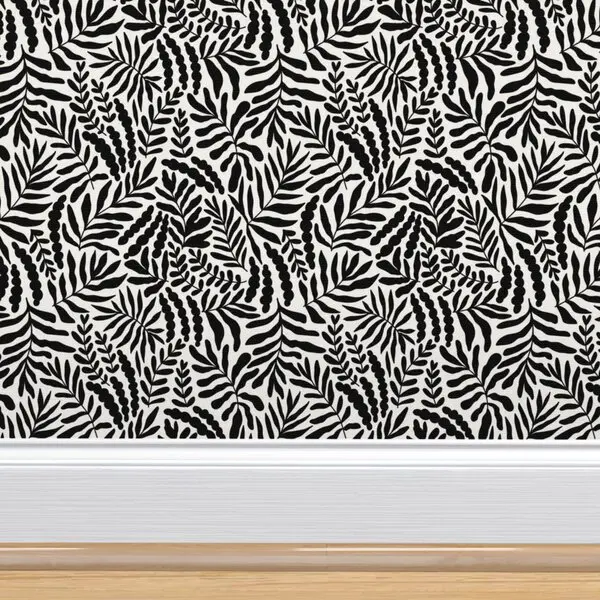 Spoonflower Black And White Tropical Leaves Small Scale 100% Natural Sisal Grasscloth Wallcovering - Black,white