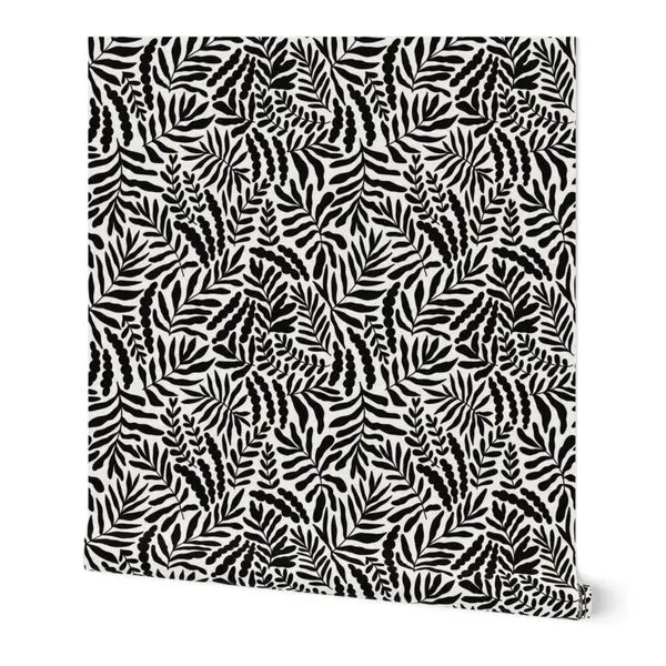 Spoonflower Black And White Tropical Leaves Small Scale 100% Natural Sisal Grasscloth Wallcovering - Black,white