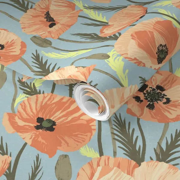 Spoonflower Flower Blue Floral Orange Poppies Poppy Botanical Custom Removable Wallpaper - Beige,blue,brown
