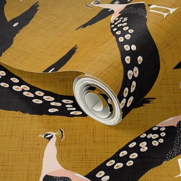 Spoonflower Bird Gold Animal Peacock Feather Mustard Custom Removable Wallpaper - Gold,black,gray