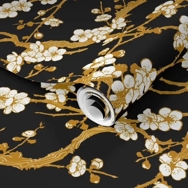 Spoonflower Black White Flowers Floral Nature Branches Gold Custom Removable Wallpaper - Black,gold,brown