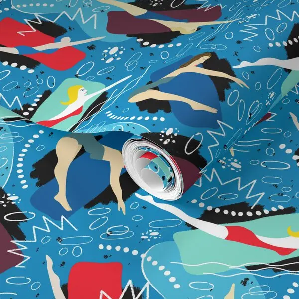 Spoonflower Black Blue Dotted Swimming Bubbles Ladies Mid Custom Removable Wallpaper - Blue,pink,black