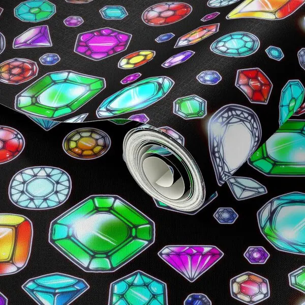 Spoonflower Gem Stones Jewels Diamonds Treasure Custom Pre-pasted Wallpaper - Blue,gray,purple