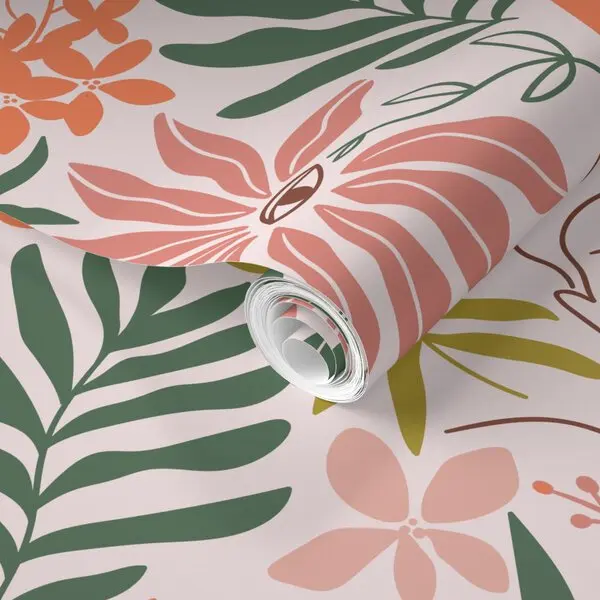 Spoonflower Elegance Tropical Flowers Modern Plants Custom Removable Wallpaper - Pink,green,brown