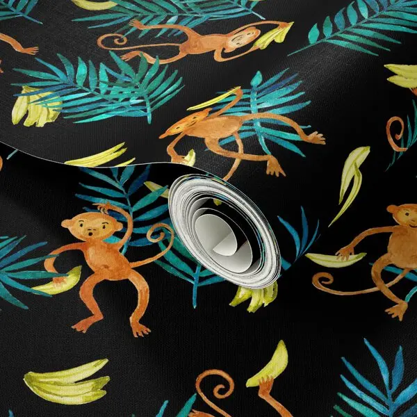 Spoonflower Tropical Banana Black Monkey Watercolor Animal Custom Pre-pasted Wallpaper - Brown,blue