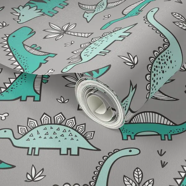 Spoonflower Dinosaurs Gray Animals Prehistoric Dino Custom Pre-pasted Wallpaper - Gray,green,mint