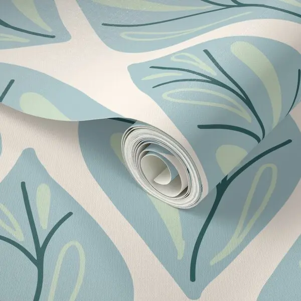Spoonflower Fork Green Blue Leaves Modern Peach Light Pastel Custom Pre-pasted Wallpaper - Blue,beige,teal