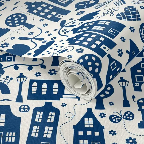 Spoonflower Delft Dutch Windmill Blue Folk Art Travel City Old Custom Removable Wallpaper - Blue,white,green
