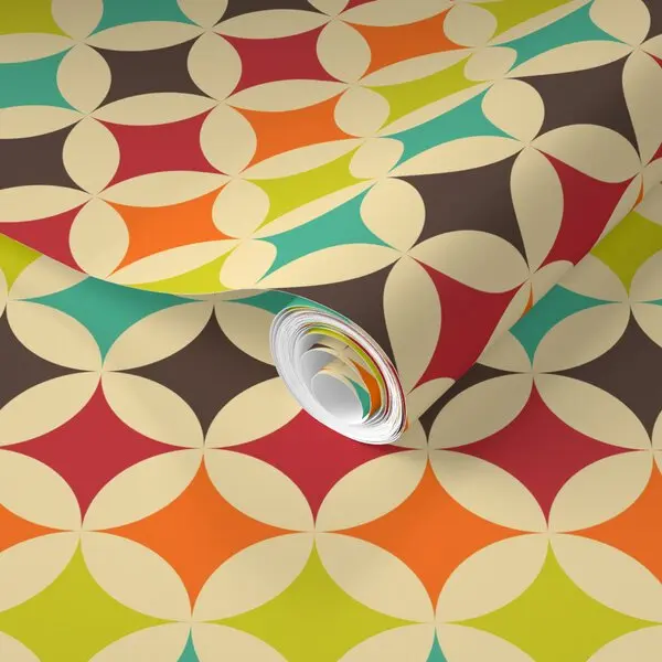 Spoonflower Green Blue Red Retro Orange Leaf Circle Custom Pre-pasted Wallpaper - Green,red,orange