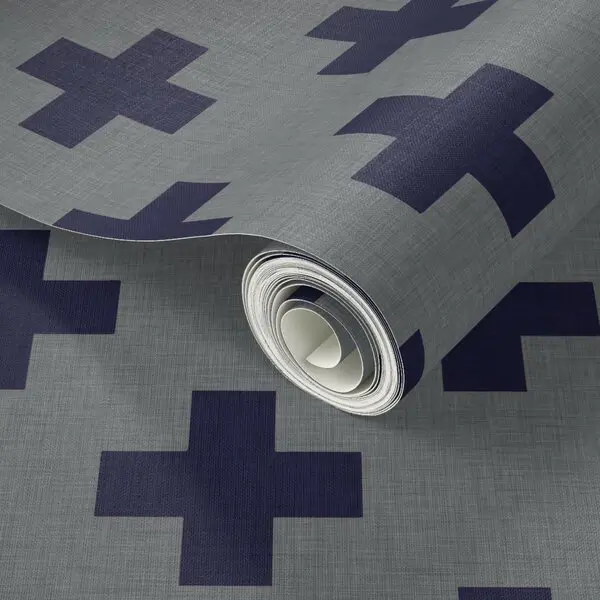 Spoonflower Plus Navy Gray Modern Swiss Cross Geometric Sign Custom Pre-pasted Wallpaper - Gray,blue